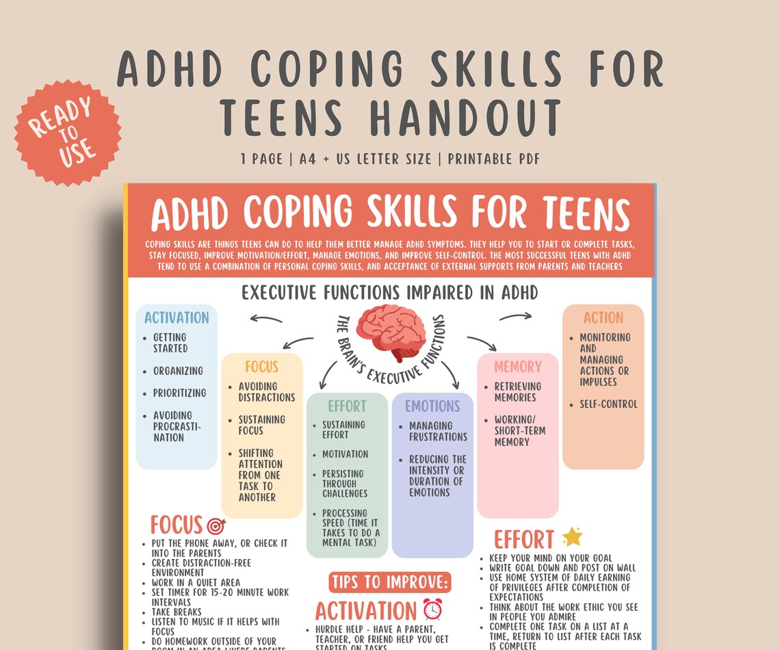 ADHD Coping Skills for Teens Handout, Executive Function Skills ...