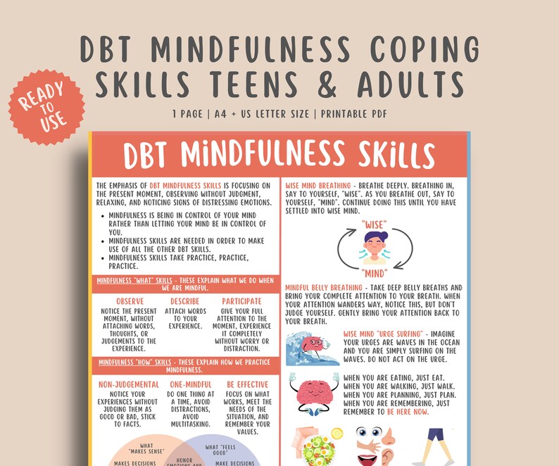DBT Mindfulness Coping Skills Handout Teens Kids Adults, Dialectical Behavior Therapy Counseling ...