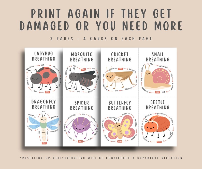 12 Insects Breathing Flashcards, Children Mindful Coping Skills ...