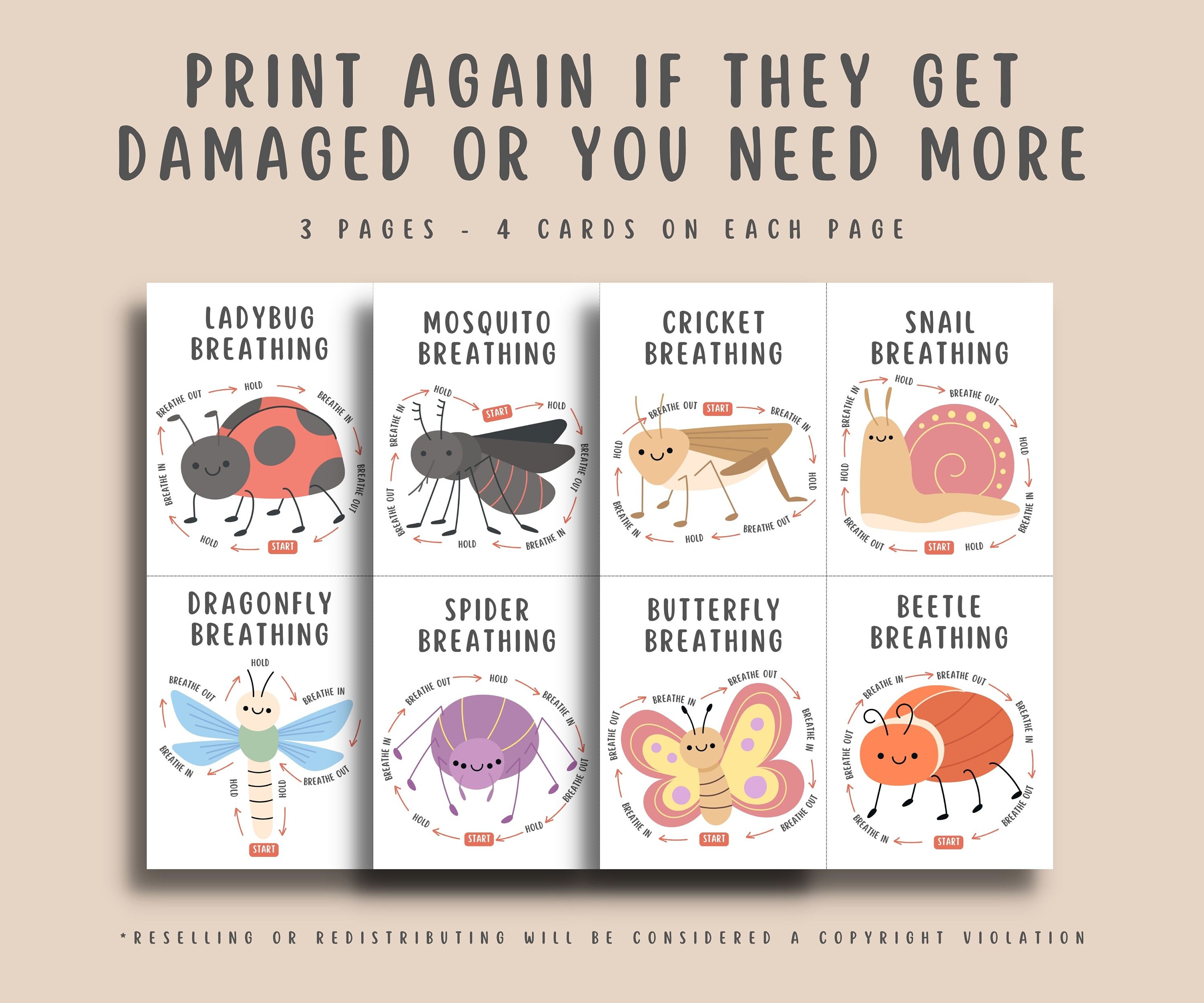 12 Insects Breathing Flashcards, Children Mindful Coping Skills ...