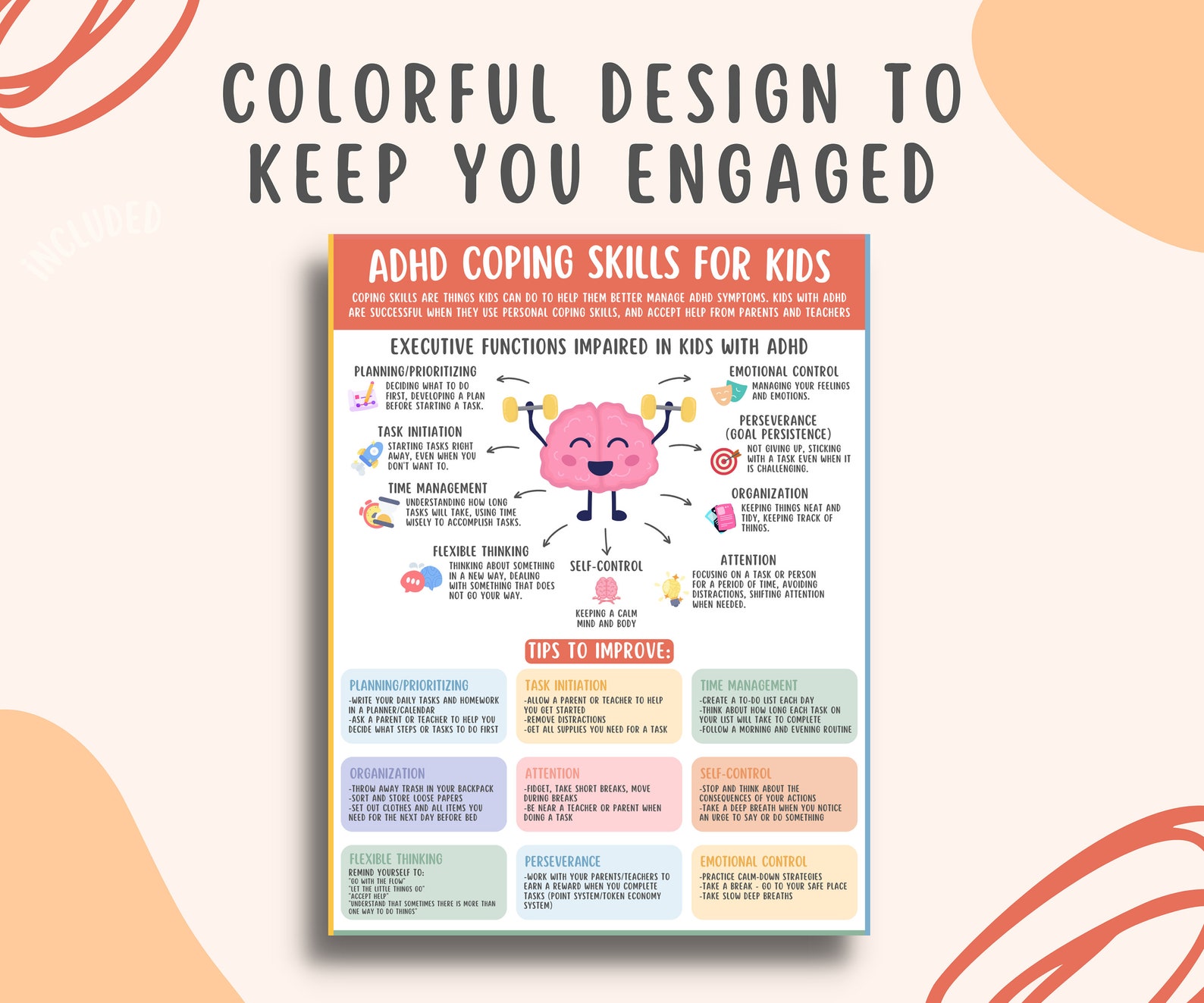 ADHD Coping Skills for Kids Handout, Executive Function, Attention ...