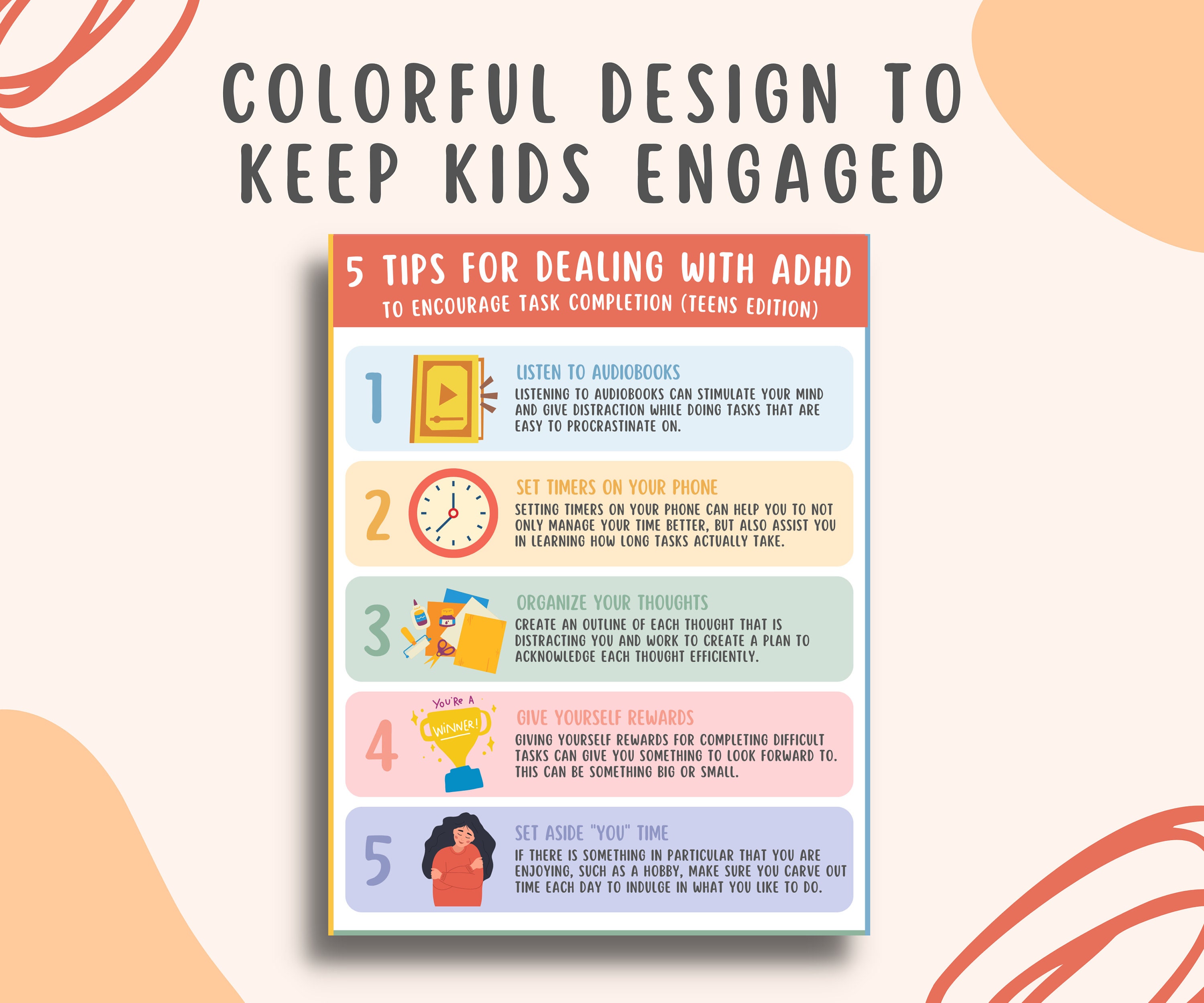 5 ADHD Coping Tips for Teens Handout, Attention Deficit Hyper Activity Disorder Grounding ...