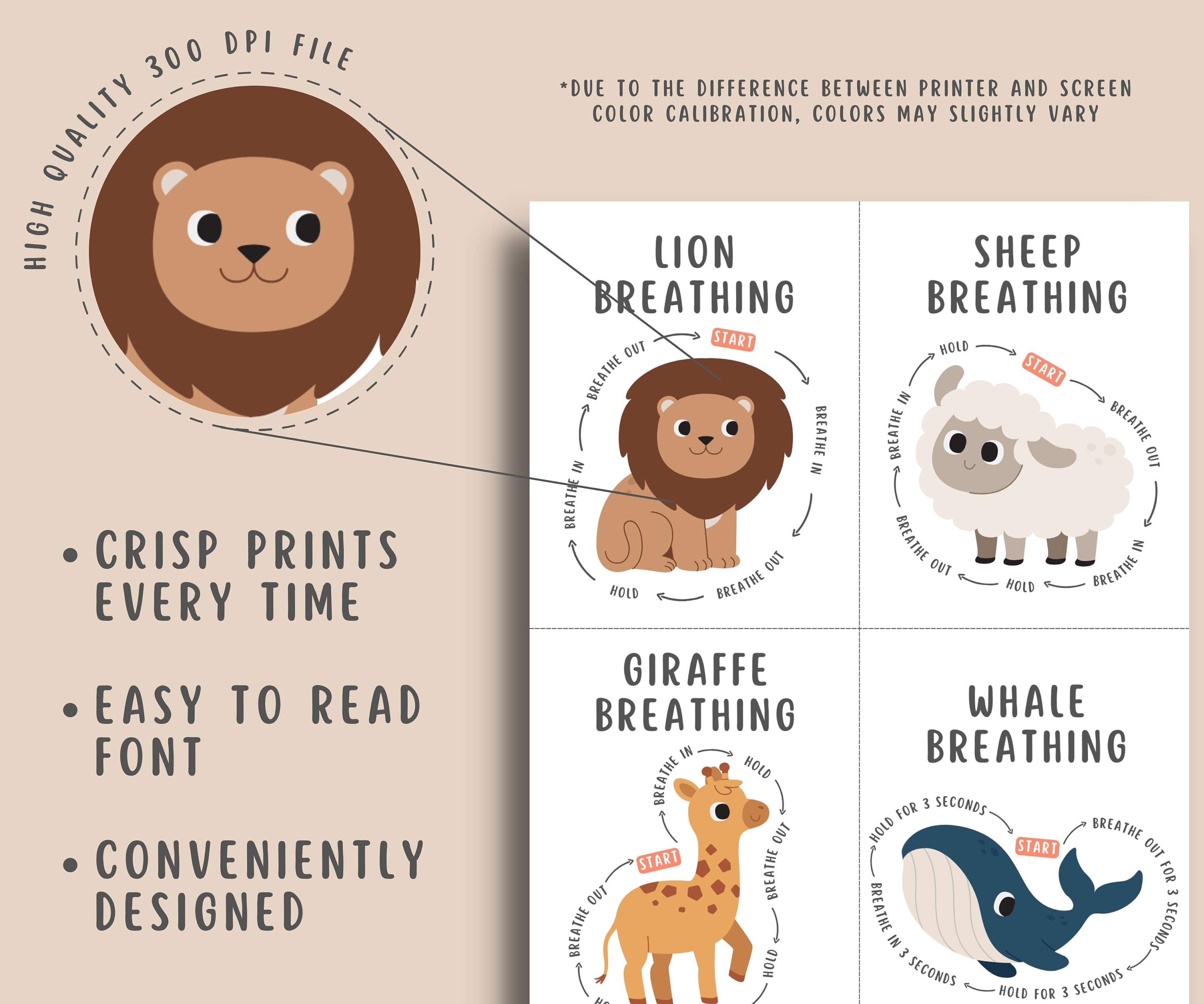 24 Mindful Animal Breathing Cards, Anxiety Coping Calming Corner Tools ...