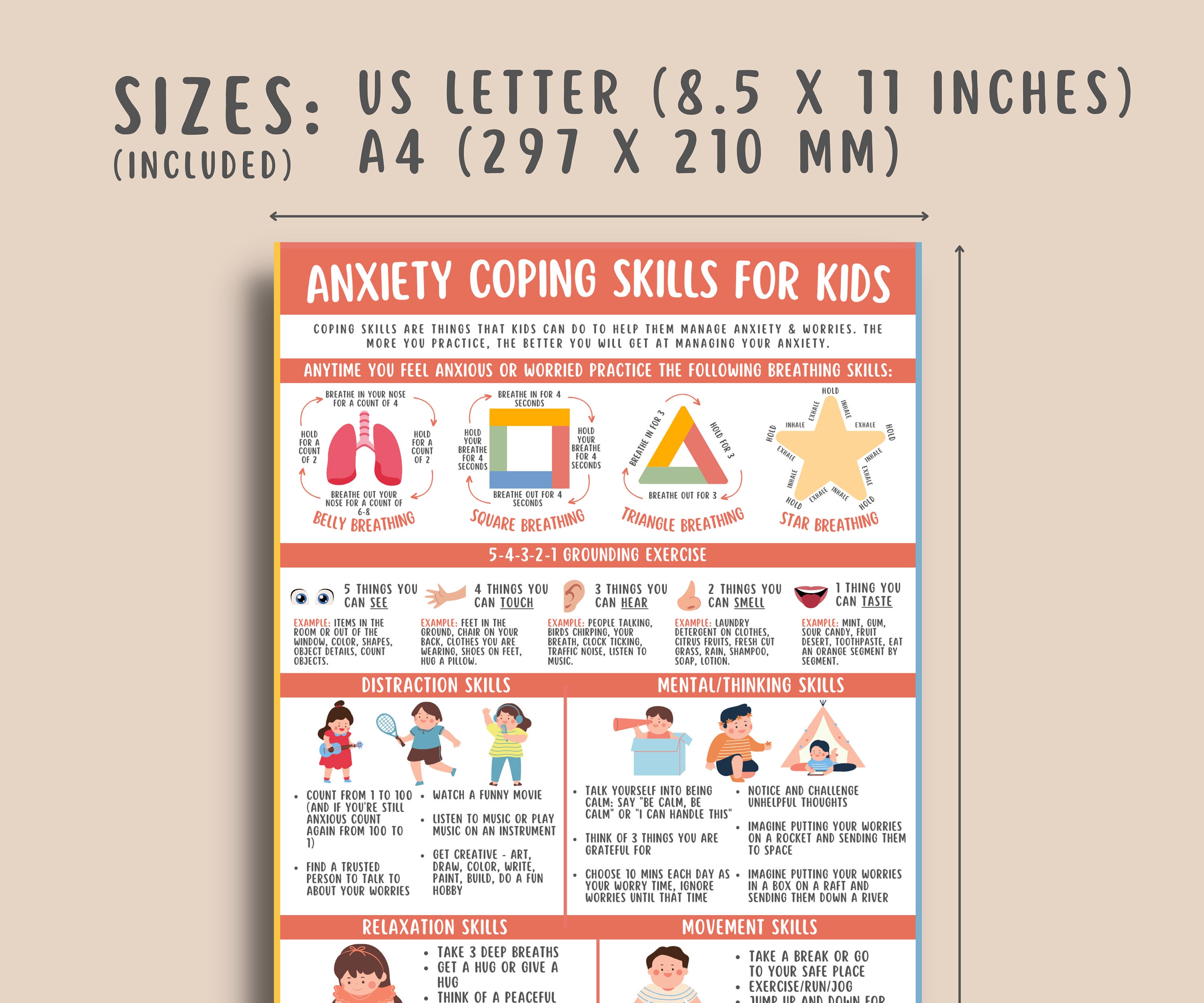 Anxiety Coping Skills Print for Kids, Stress Relief Mental Health ...