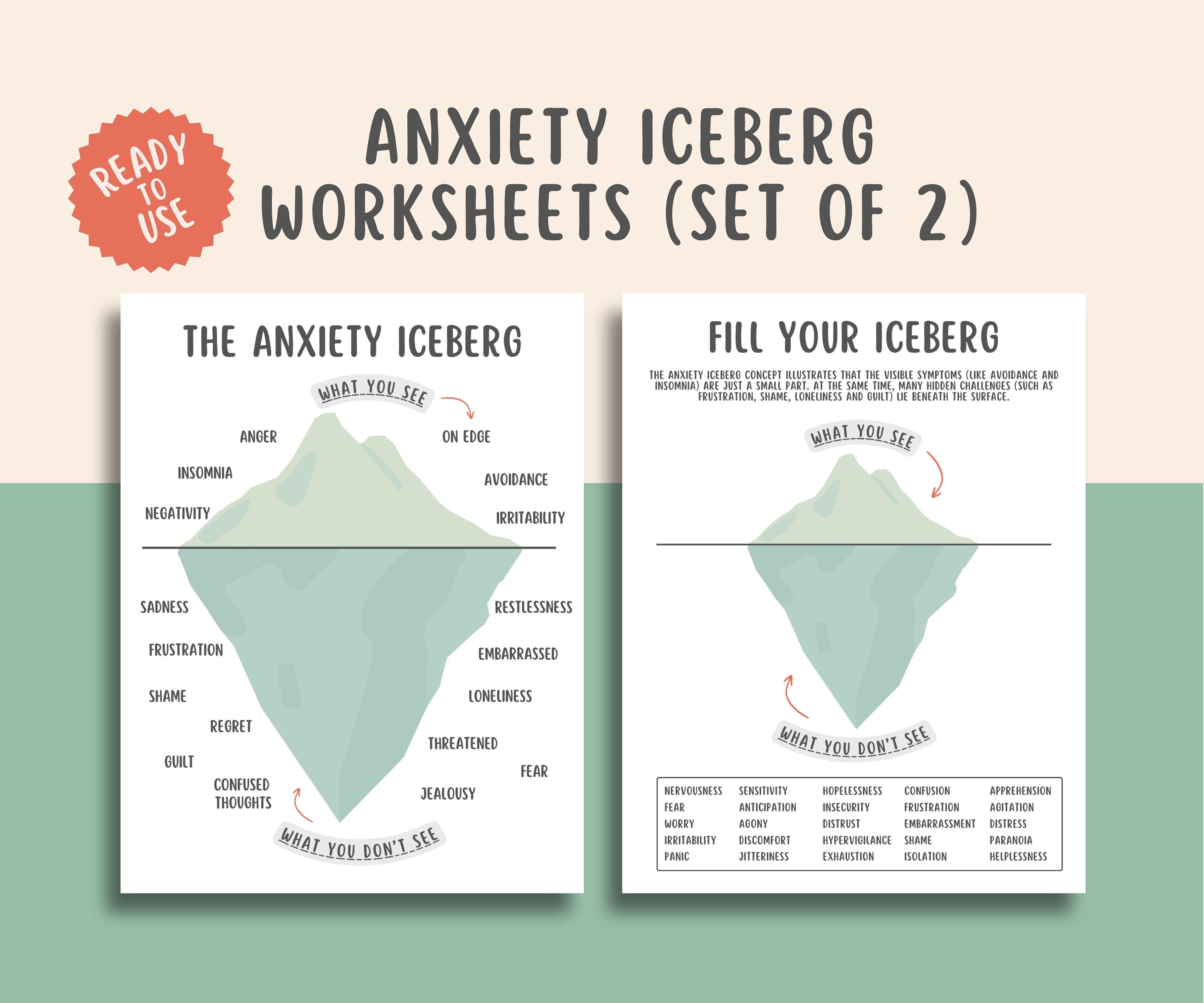 Anxiety Iceberg Worksheets set of 2, Social Anxiety Coping Skill ...