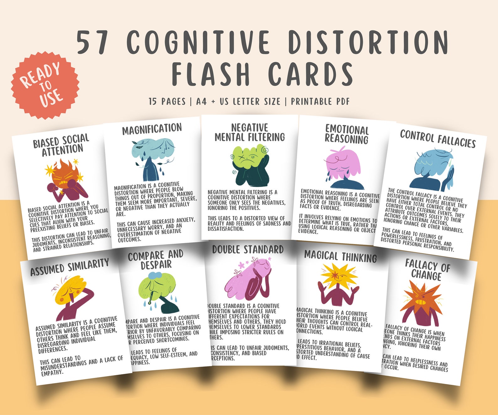 57 Cognitive Distortion Cards, DBT Coping Skill Cards, Unhelpful Ways ...