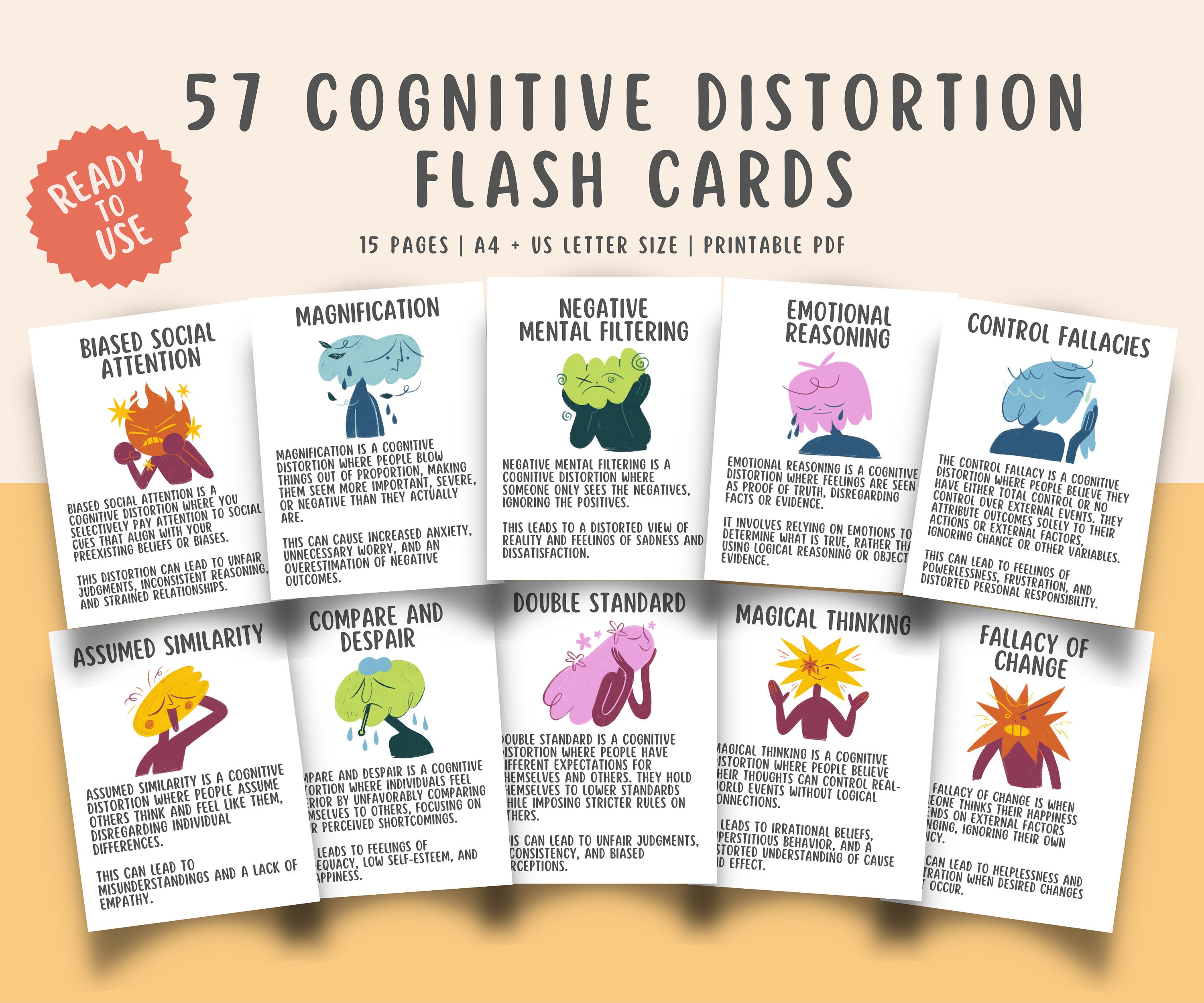 57 Cognitive Distortion Cards, DBT Coping Skill Cards, Unhelpful Ways ...