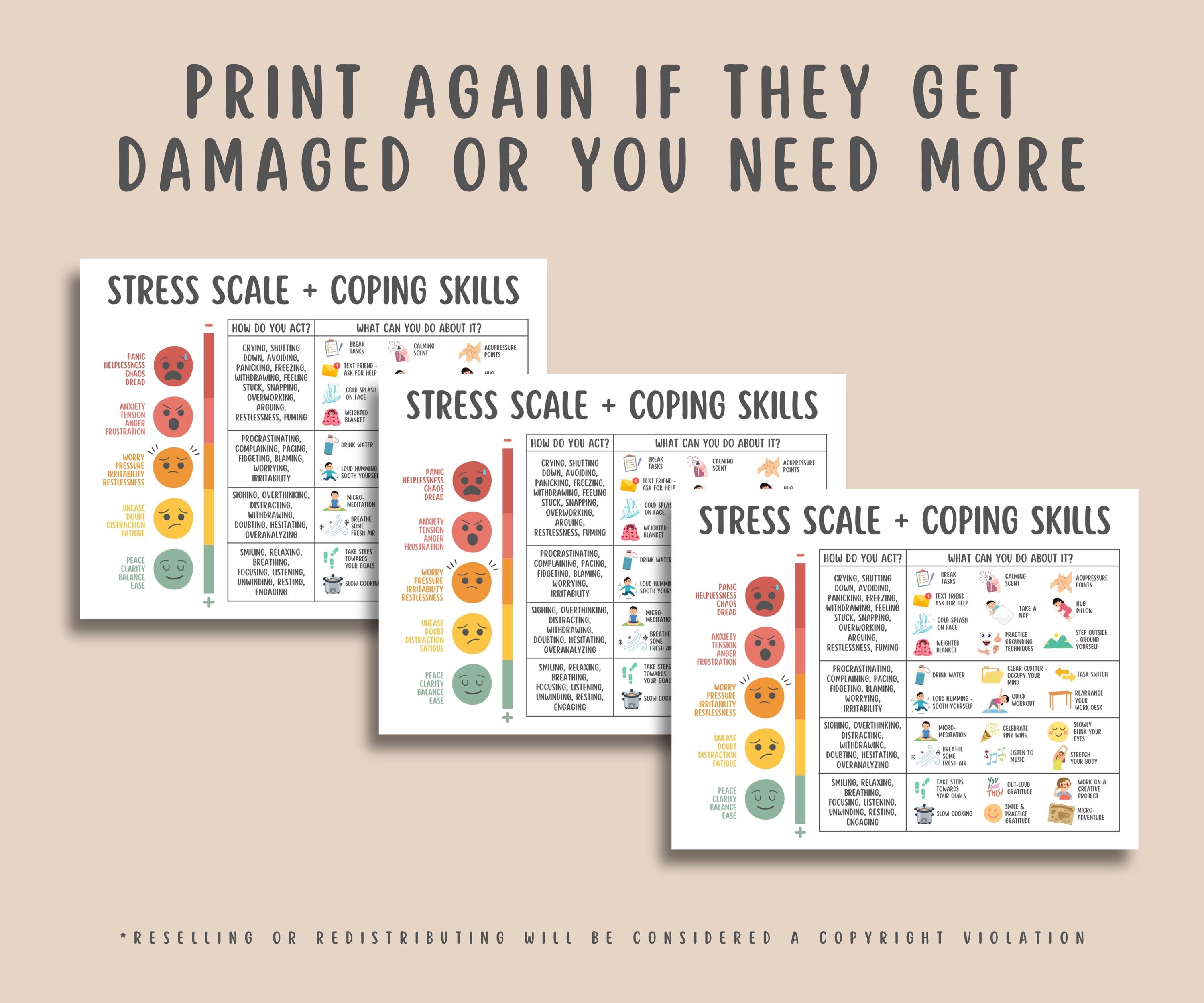 Stress Scale + Coping Skills Handout, Anxiety Relief Worksheet, Therapy ...