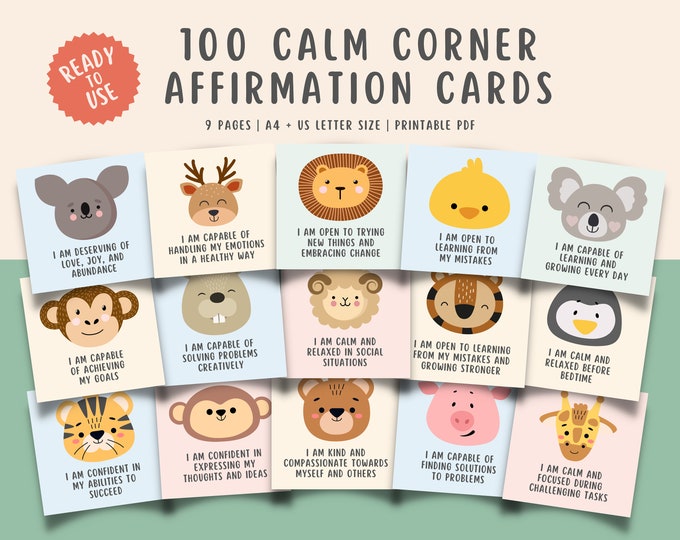100 Positive Affirmation Calm Down Corner Cards for Kids Teens, Coping ...
