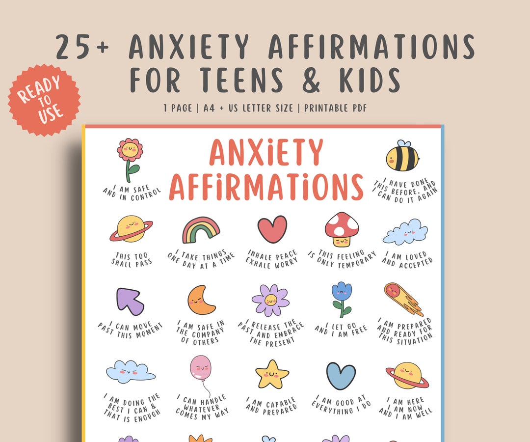 25 Anxiety Affirmations for Kids Teens, Stress Coping Print, Mental ...