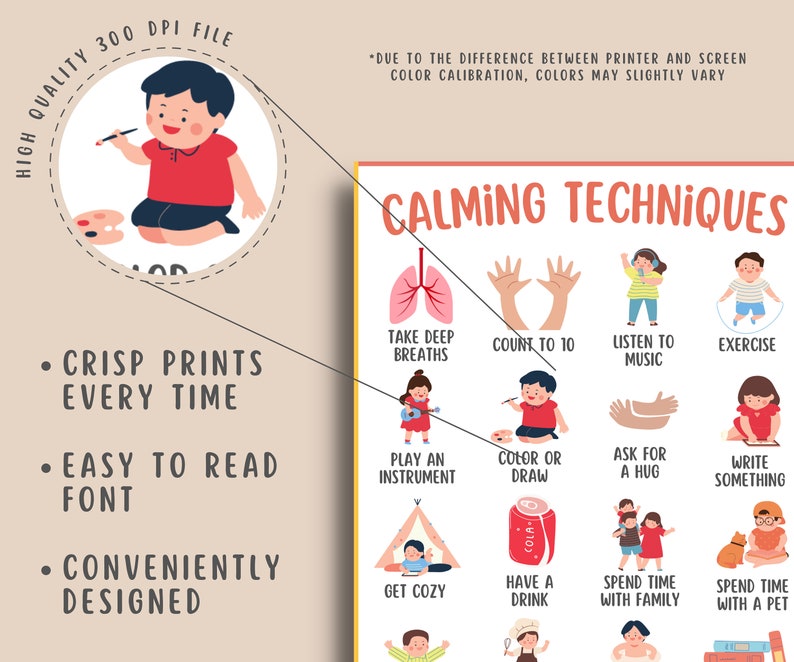 16 Calming Techniques Chart for Kids Teens, Grounding Strategies Print ...