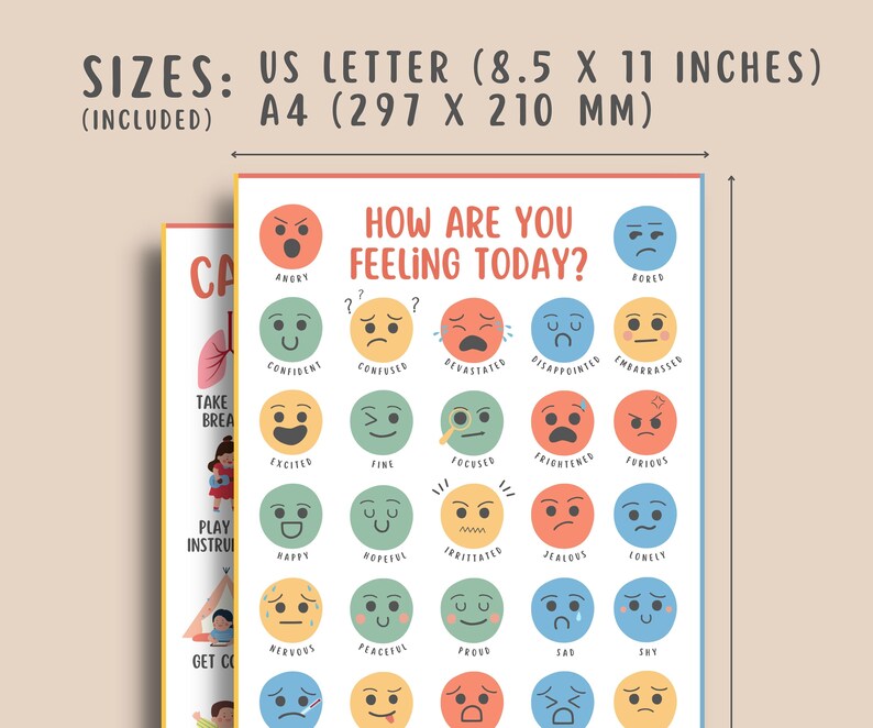 Feelings Chart With Calming Techniques Poster Set for Teens Kids set of ...
