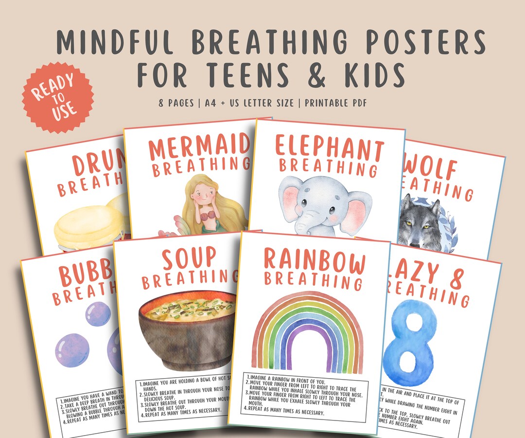 8 Scripted Mindful Breathing Posters Bundle for Kids Teens, Calm Down ...