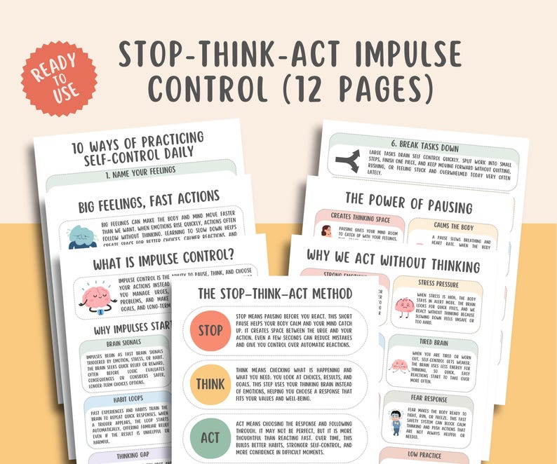 Stop Think Act Impulse Control Worksheets, Self Control Skills, CBT ...