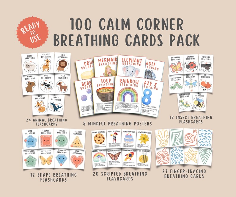 100 Mindful Breathing Flashcards for Kids Teens, Scripted Breathing ...
