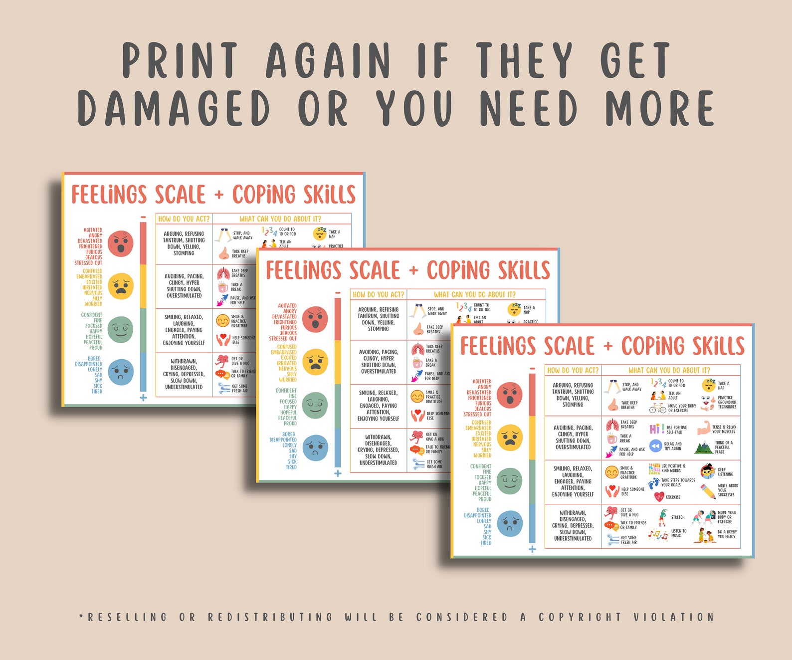 Feelings Coping Skills for Teens & Kids, Emotions Scale Chart, Children ...