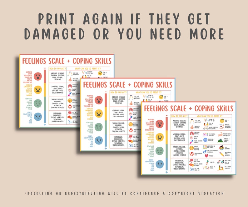 Feelings Coping Skills for Teens & Kids, Emotions Scale Chart, Children ...