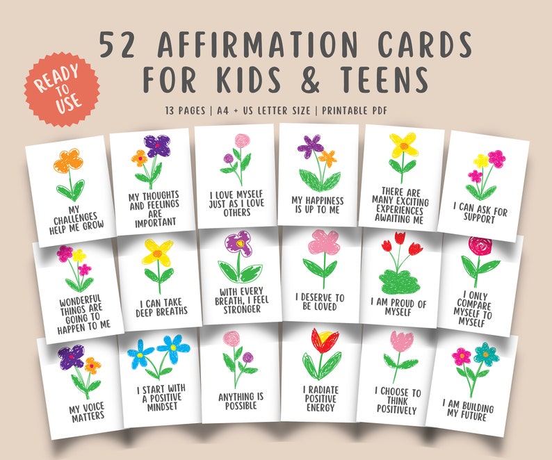 52 Affirmation Station Cards Printable for Kids Teens, Positive Quotes ...
