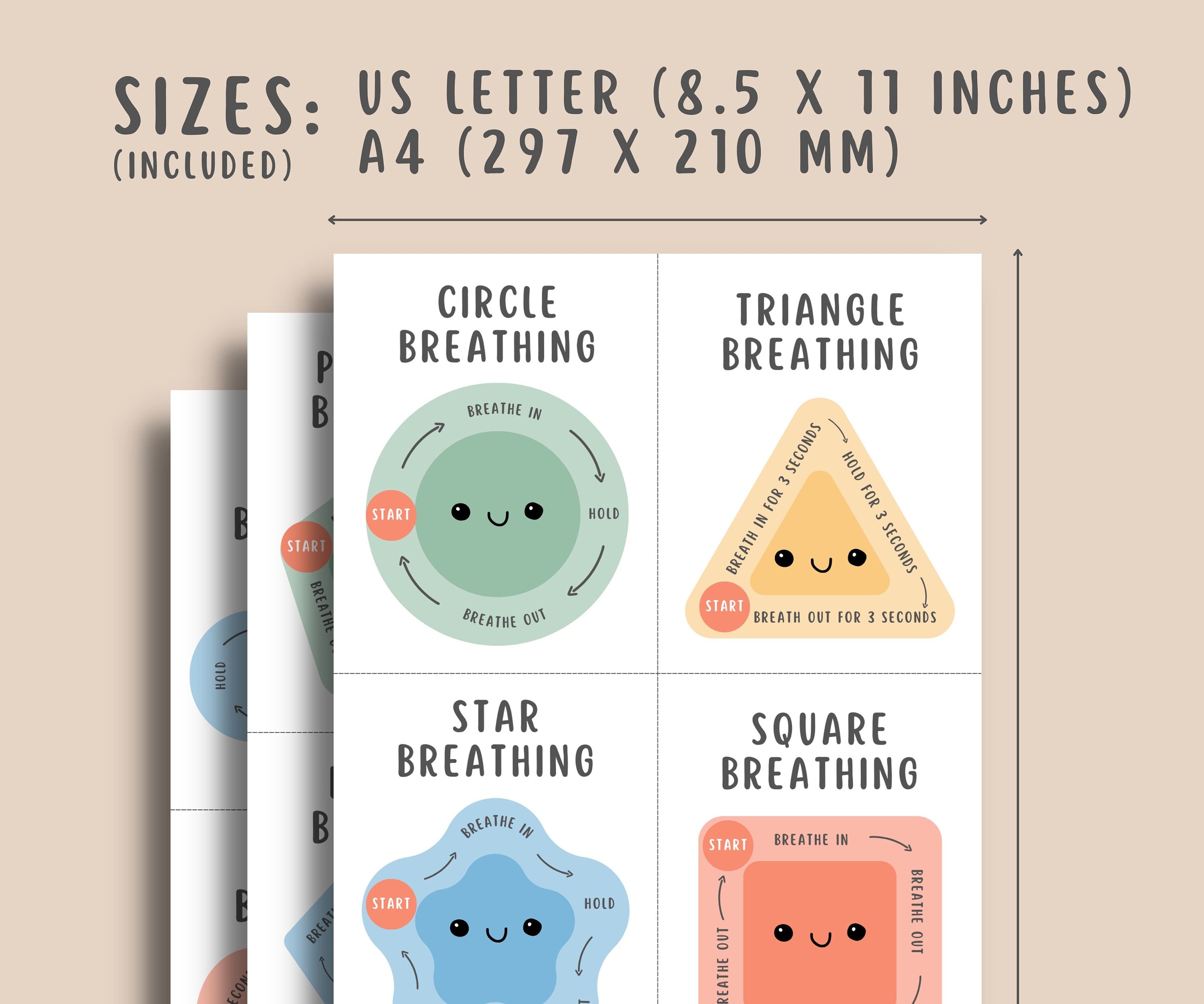 12 Mindful Breathing Shape Cards, Anxiety Coping Calming Corner Tools ...