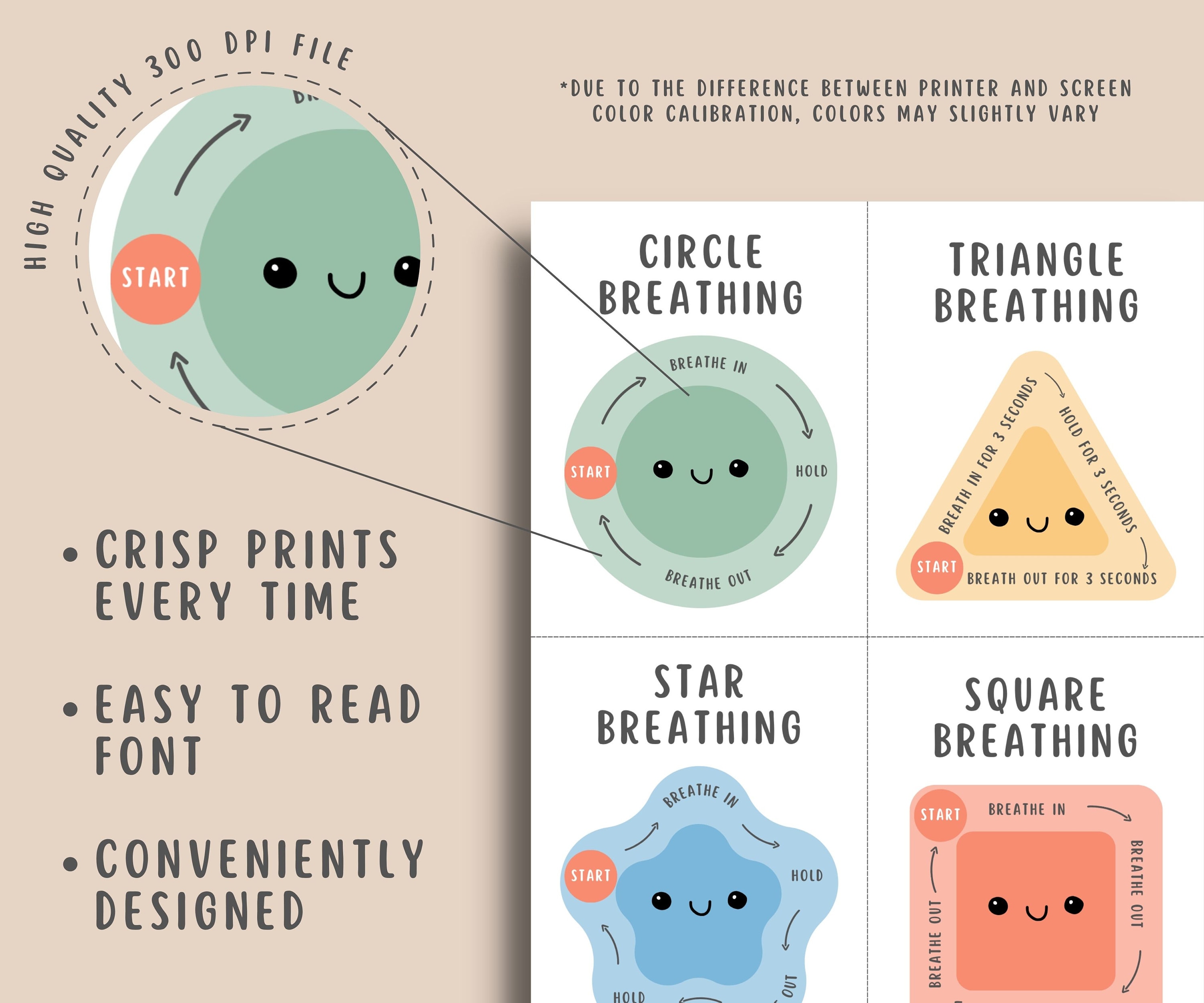 12 Mindful Breathing Shape Cards, Anxiety Coping Calming Corner Tools ...
