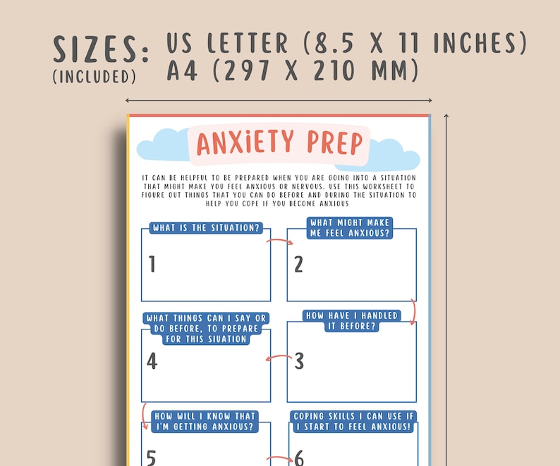 Anxiety Preparation Worksheet for Kids & Teens, Colorful Anxiety ...