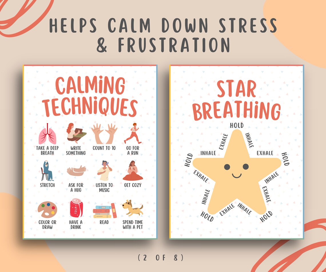8 Calming Corner Posters for Kids Teens, Calm Down Techniques ...