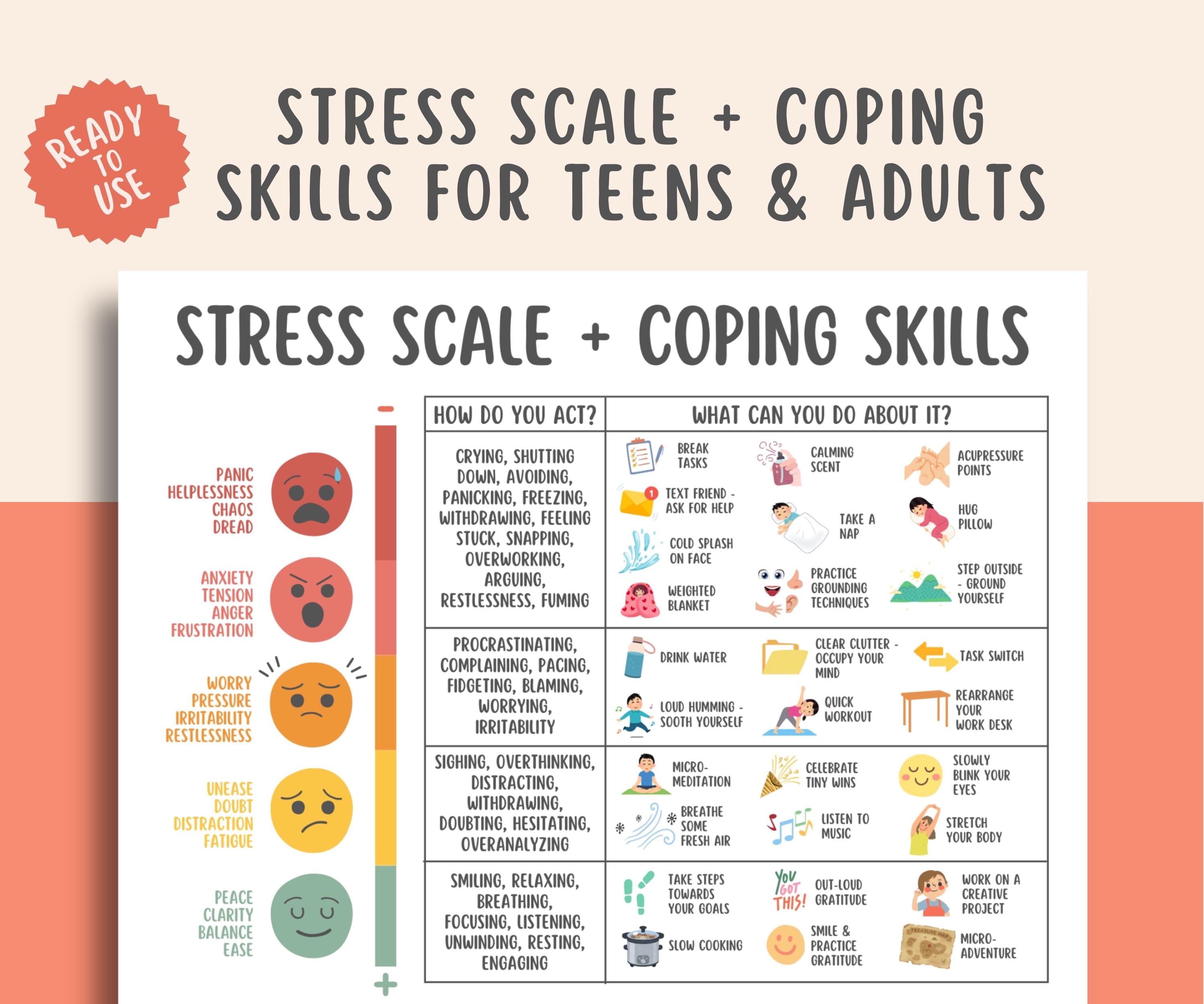 Stress Scale + Coping Skills Handout, Anxiety Relief Worksheet, Therapy ...
