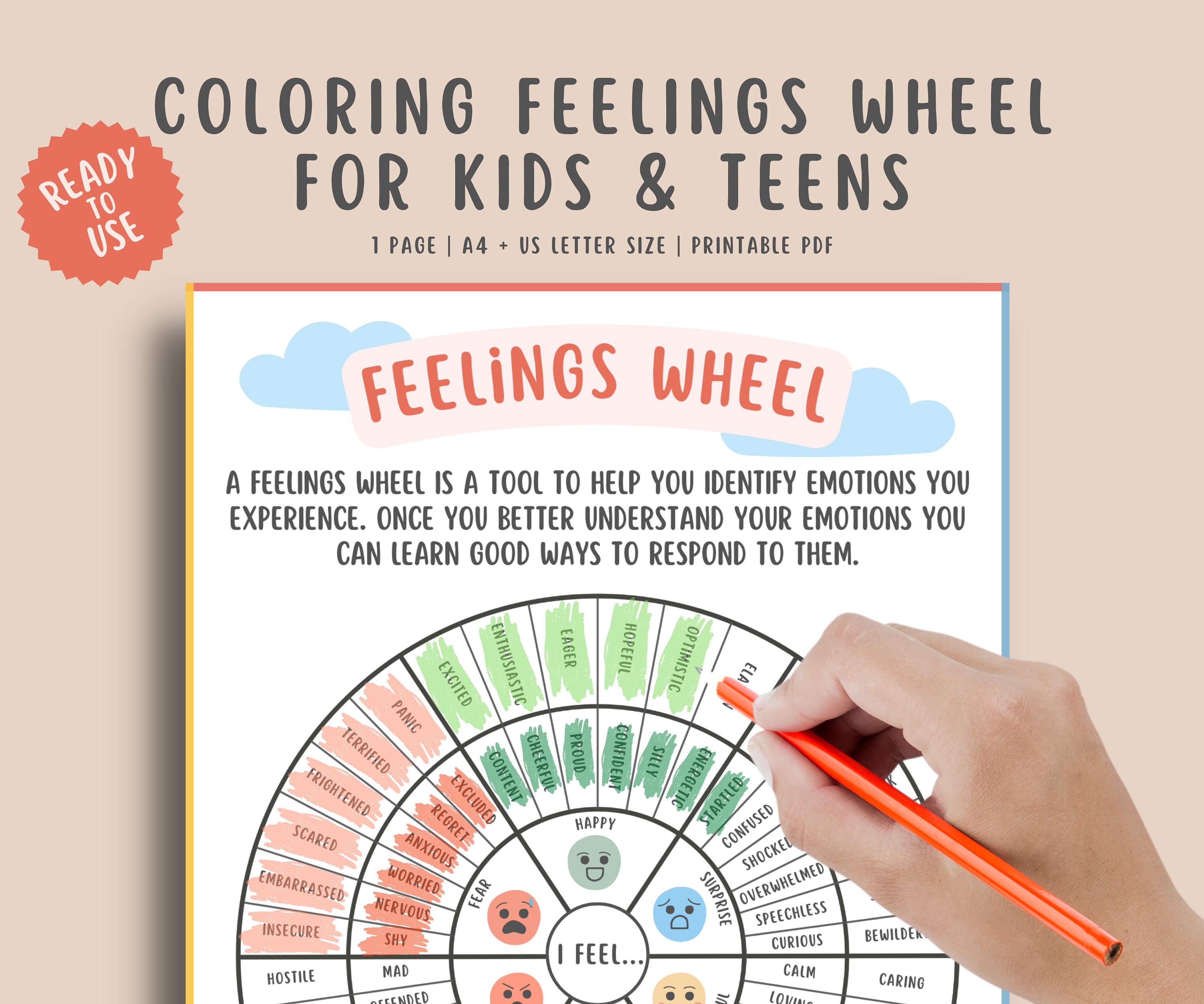 Coloring Feelings Wheel Printable for Kids & Teens, Emotions Wheel ...