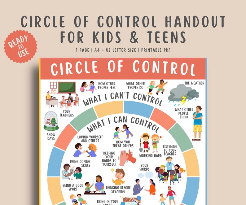 Circle of Control for Kids Teens Handout, Mental Health Digital ...