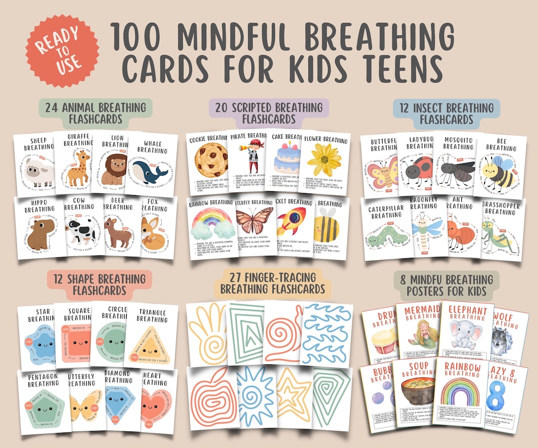 100 Mindful Breathing Flashcards for Kids Teens, Scripted Breathing ...
