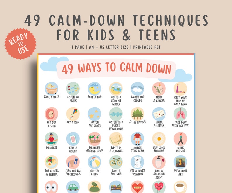 49 Calming Techniques Poster for Kids Teens, Grounding Strategies ...