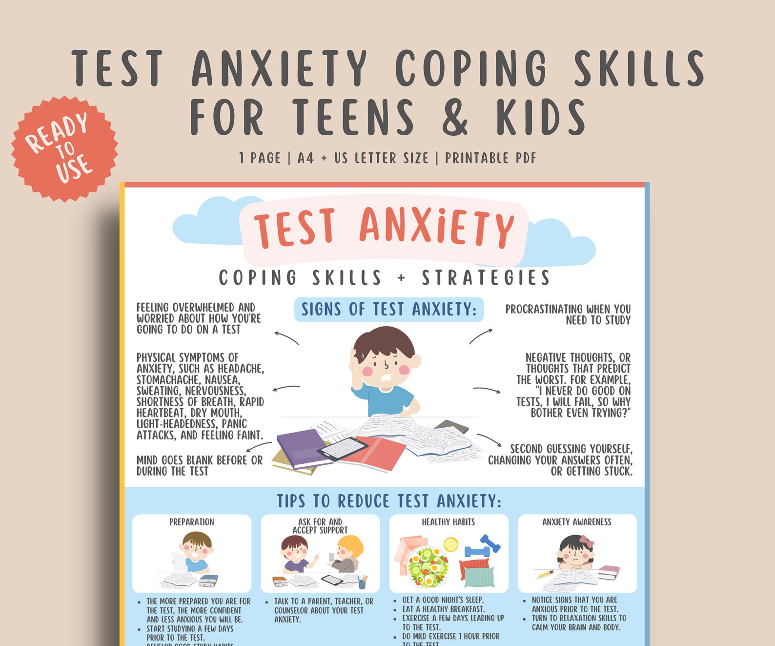 Test Anxiety Coping Skills Strategies Handout for Teens Kids, Reduce ...