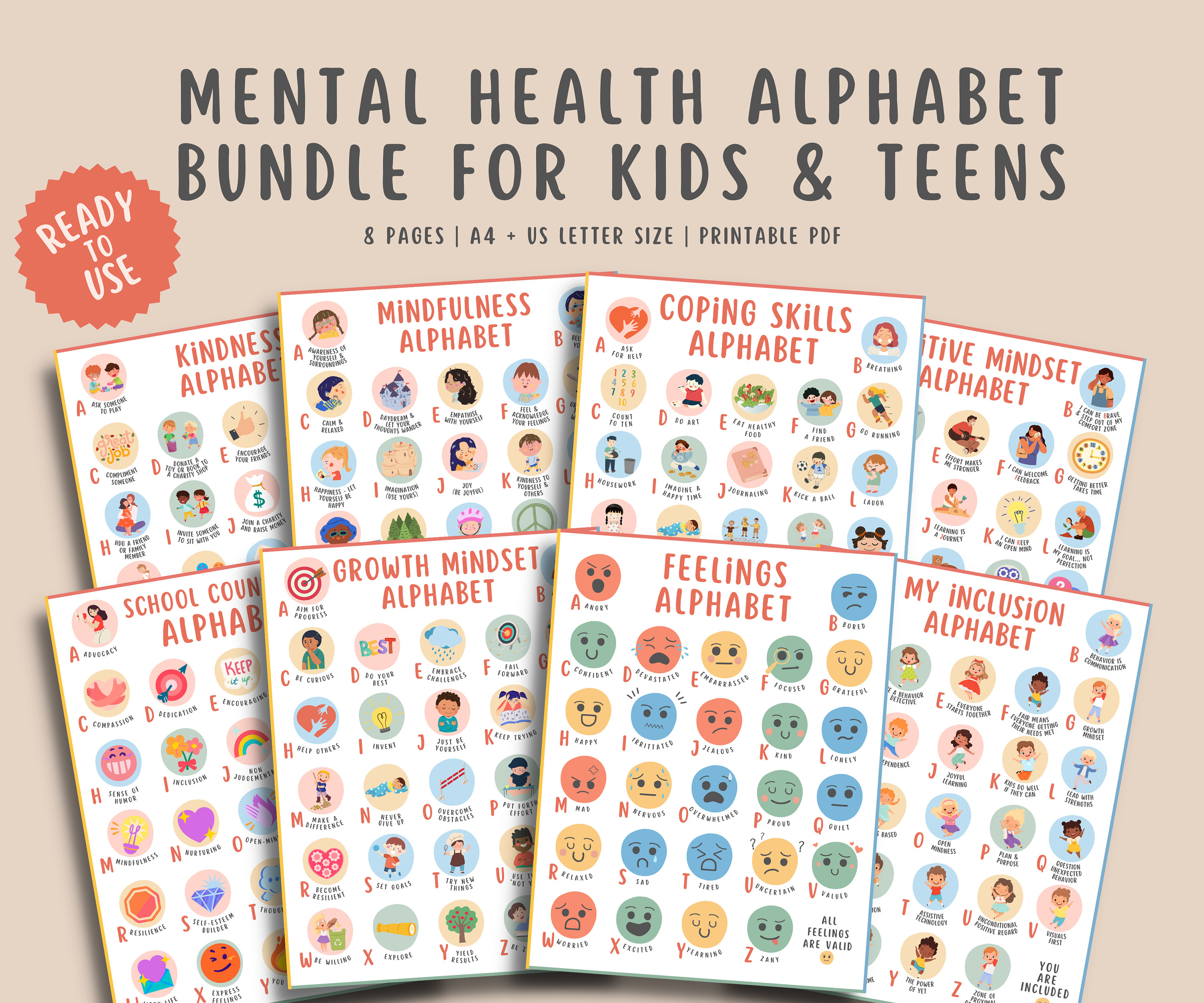 Alphabet Mental Health Coping Bundle for Kids Teens 8 Pages - Etsy
