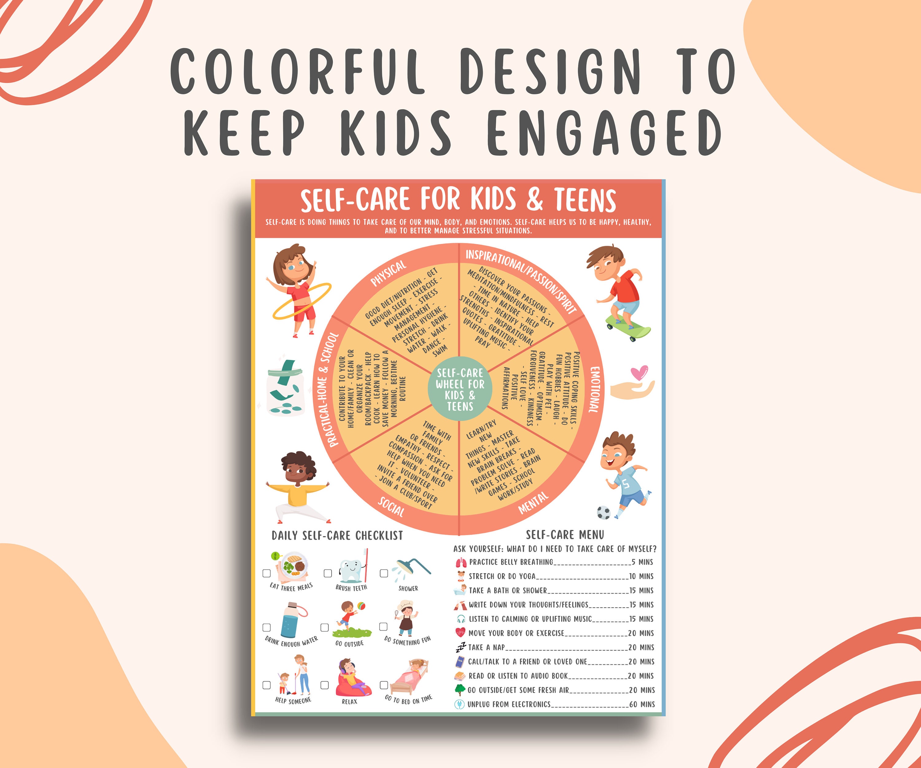 Self-care Wheel Printable for Kids & Teens, Child Therapist School ...