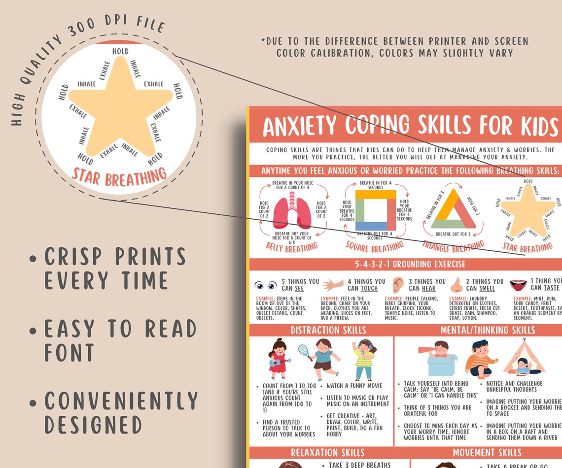 Anxiety Coping Skills Print for Kids, Stress Relief Mental Health ...