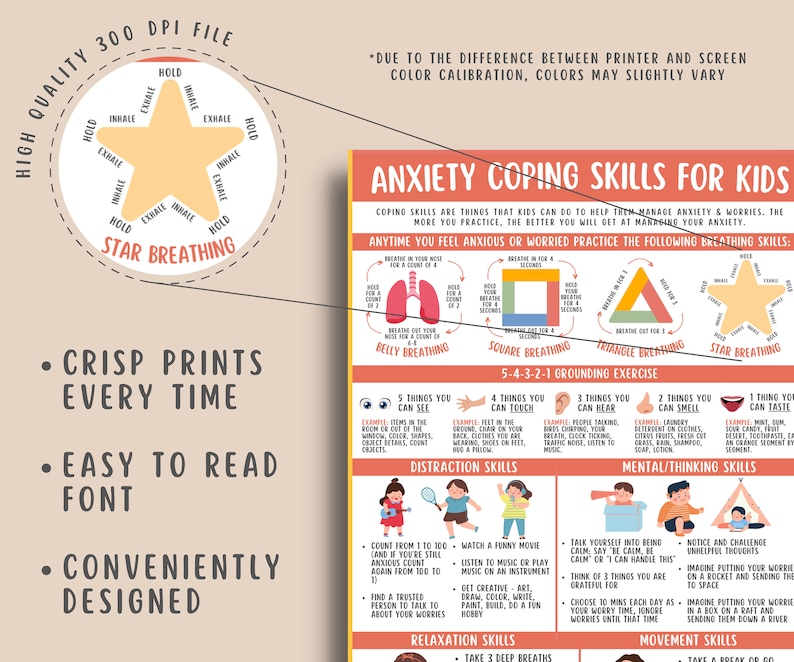 Anxiety Coping Skills Print for Kids, Stress Relief Mental Health ...