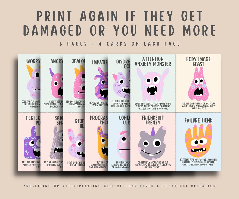 24 Thought Monster Cards for Kids Teens, Unhelpful Ways of Thinking ...