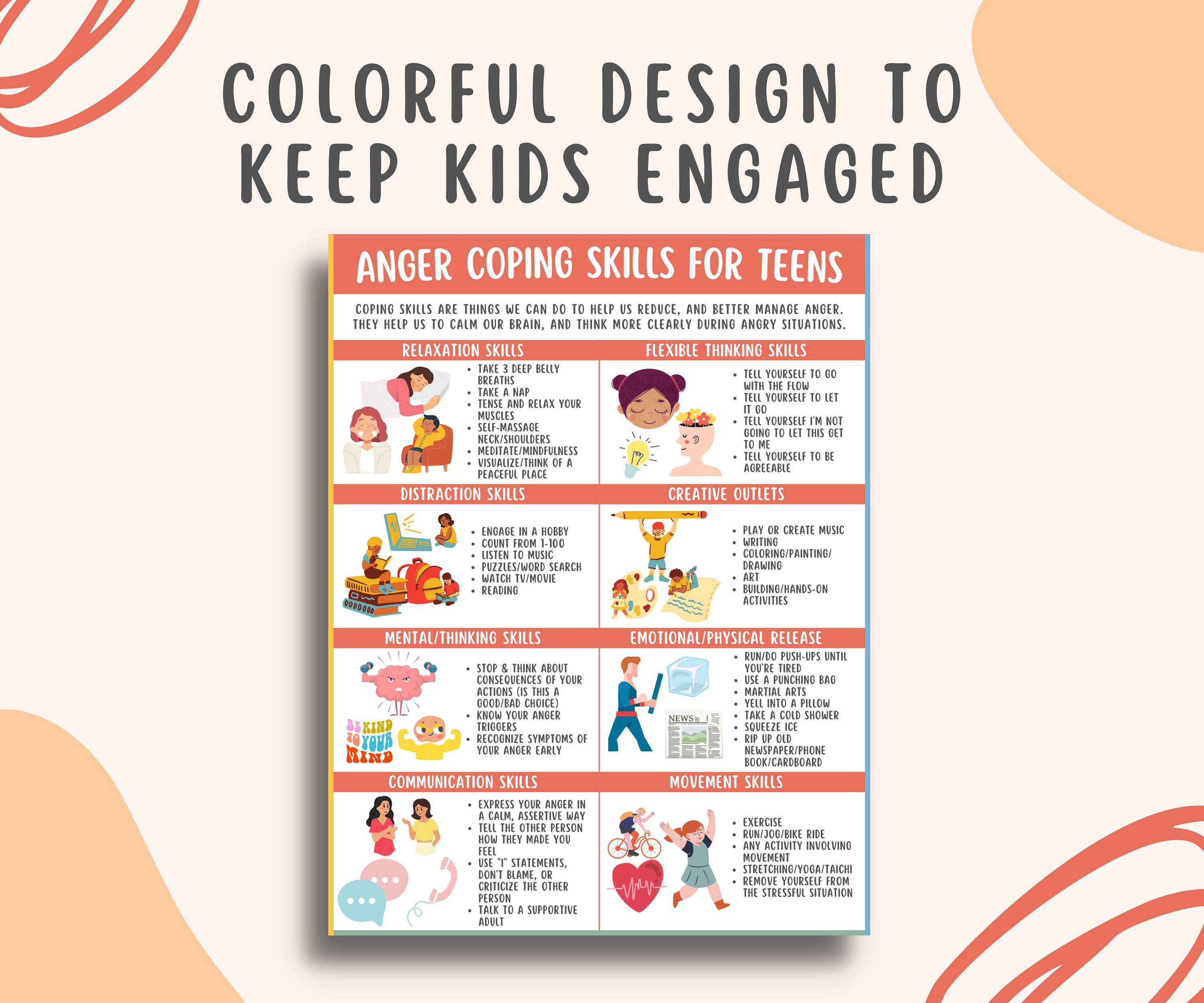 Anger Coping Skills for Kids & Teens, Anger Management Print, Anger ...