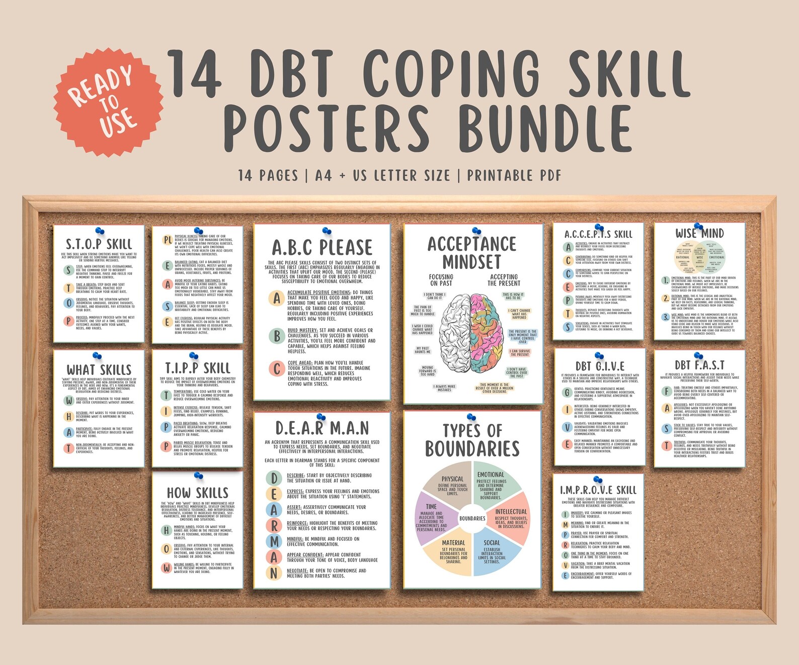 14 DBT Coping Skill Posters, Dialectical Behavior Therapy Cards ...