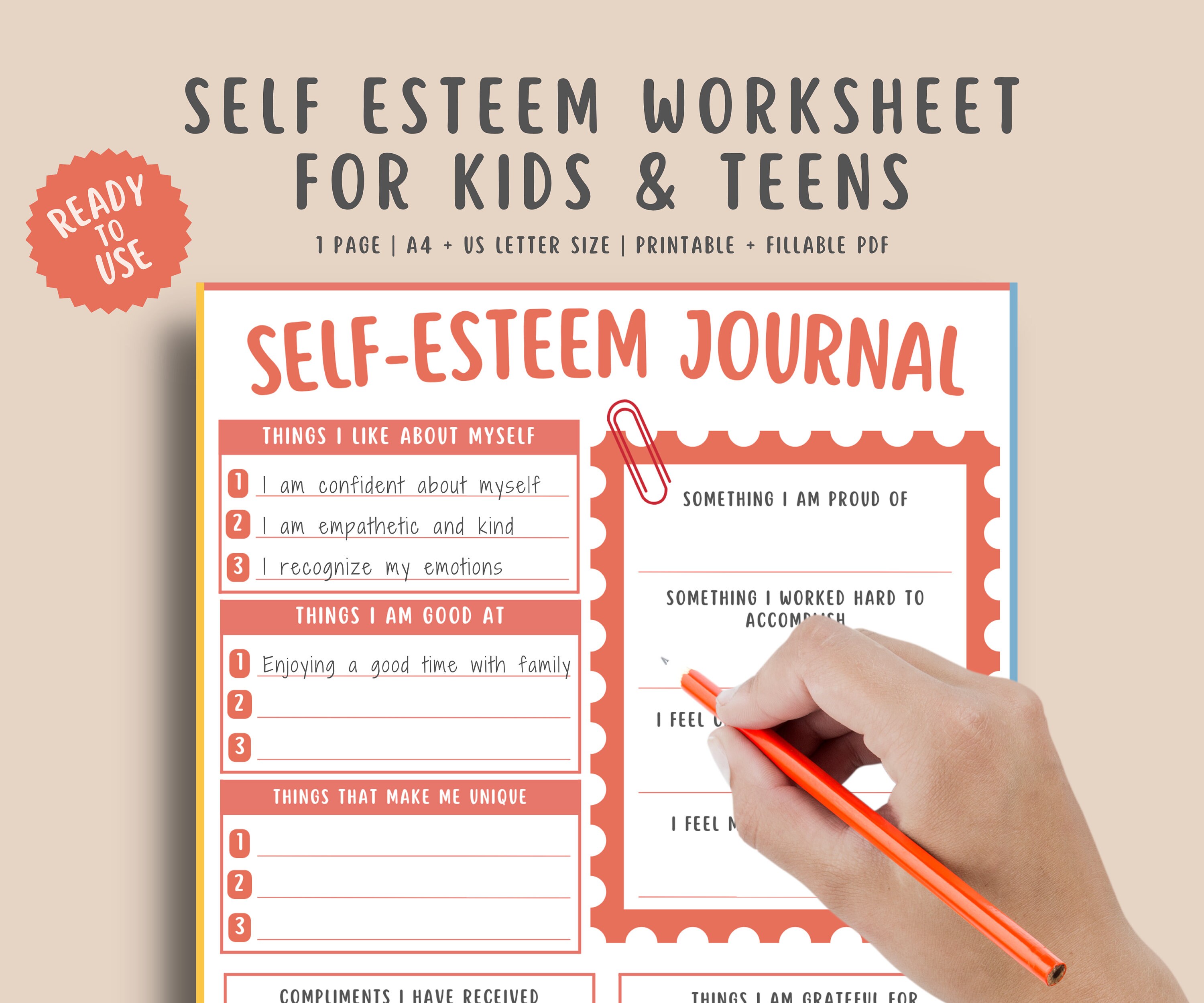 Self Esteem Journal Worksheet for Kids Teens, Growth Mindset Children ...