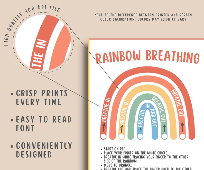 Rainbow Breathing Calm Down Poster Kids Teens Mindfulness Coping Skills ...