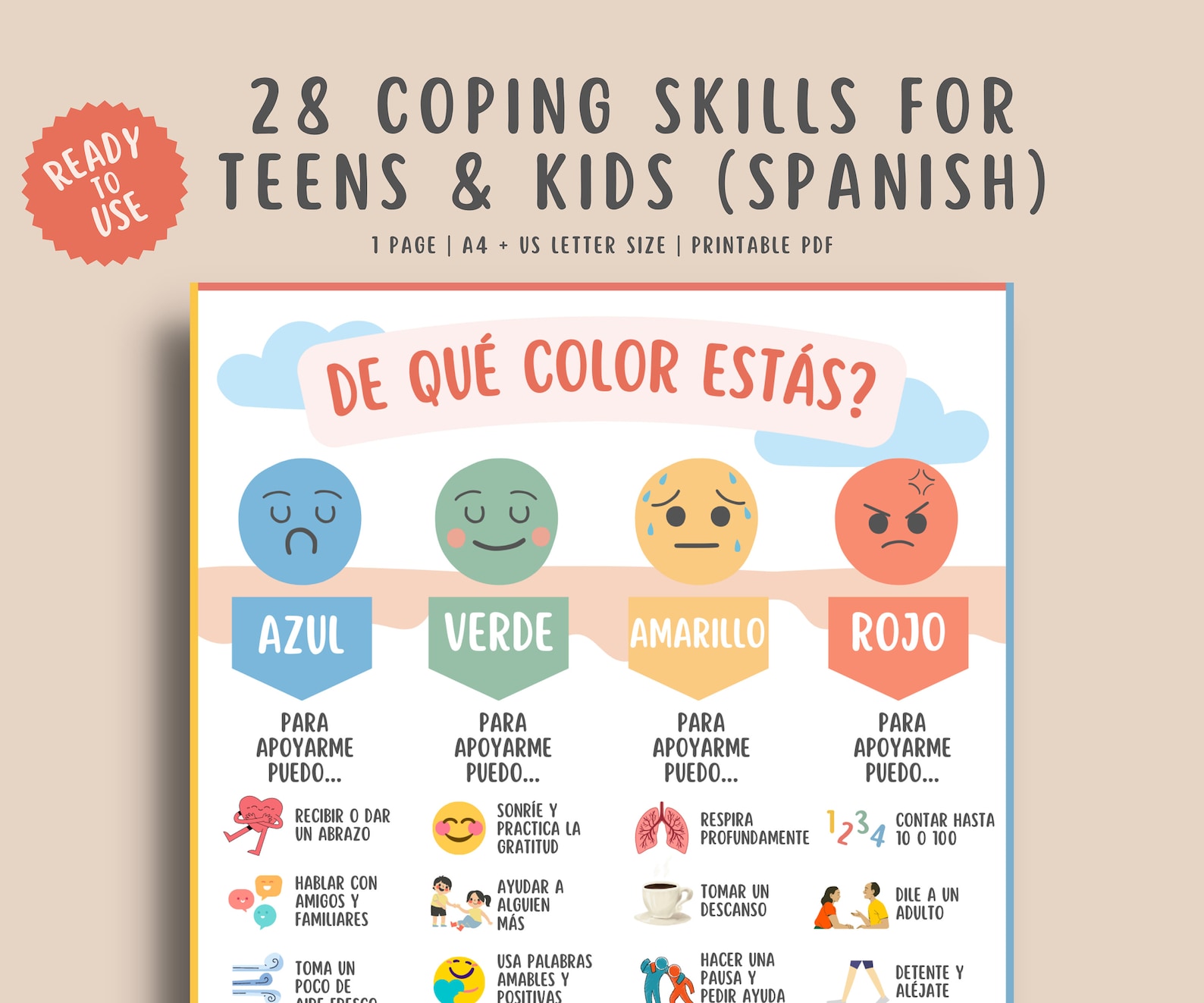28 Coping Skills in Spanish for Kids & Teens, Zones of Regulation ...