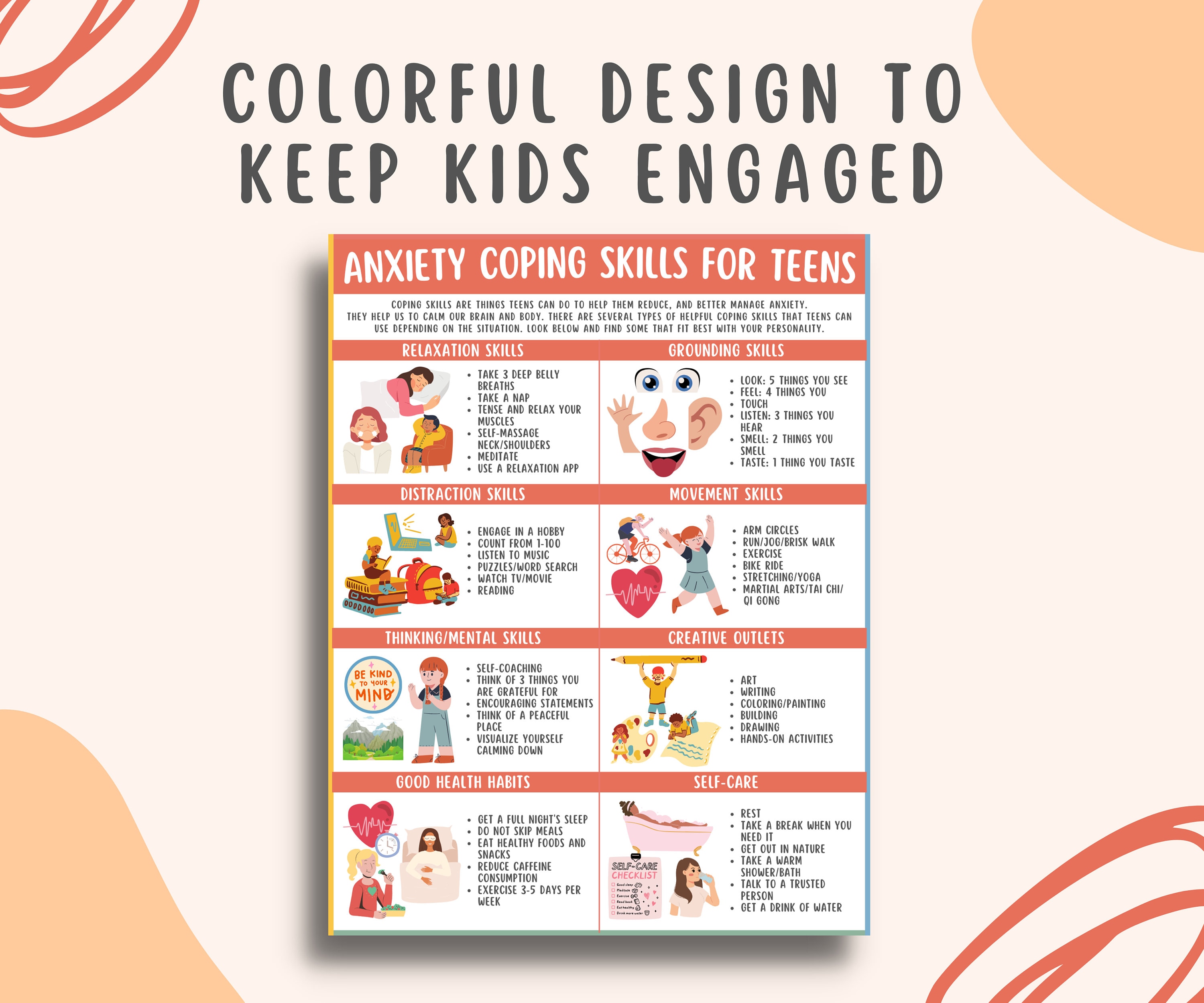 Anxiety Coping Skills Print for Teens, Stress Relief Mental Health ...