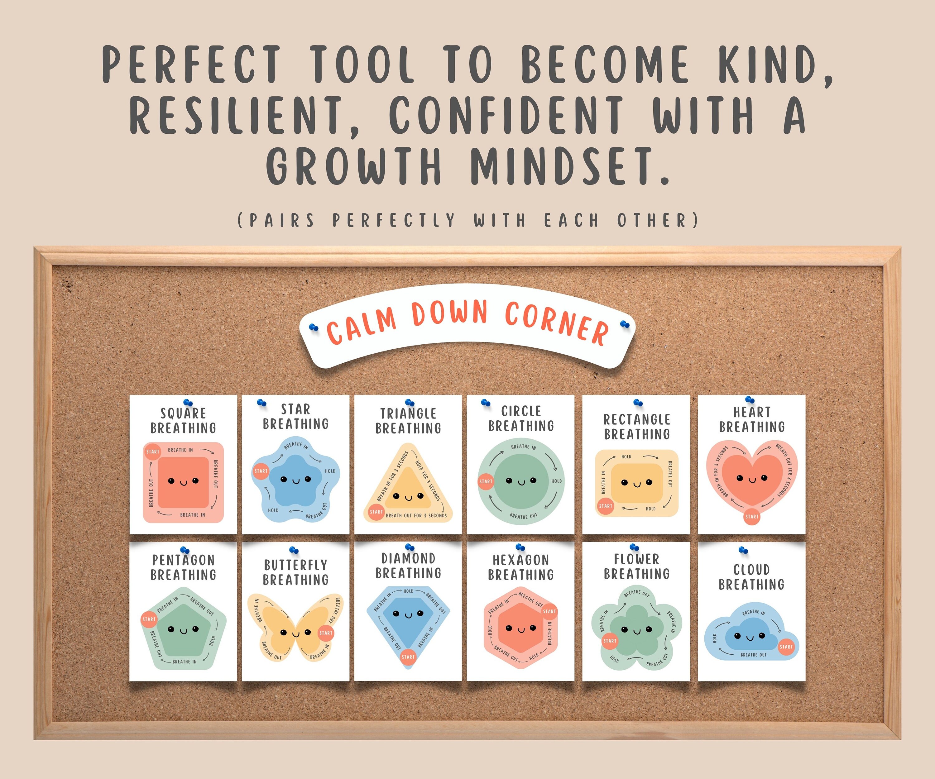 12 Mindful Breathing Shape Cards, Anxiety Coping Calming Corner Tools ...