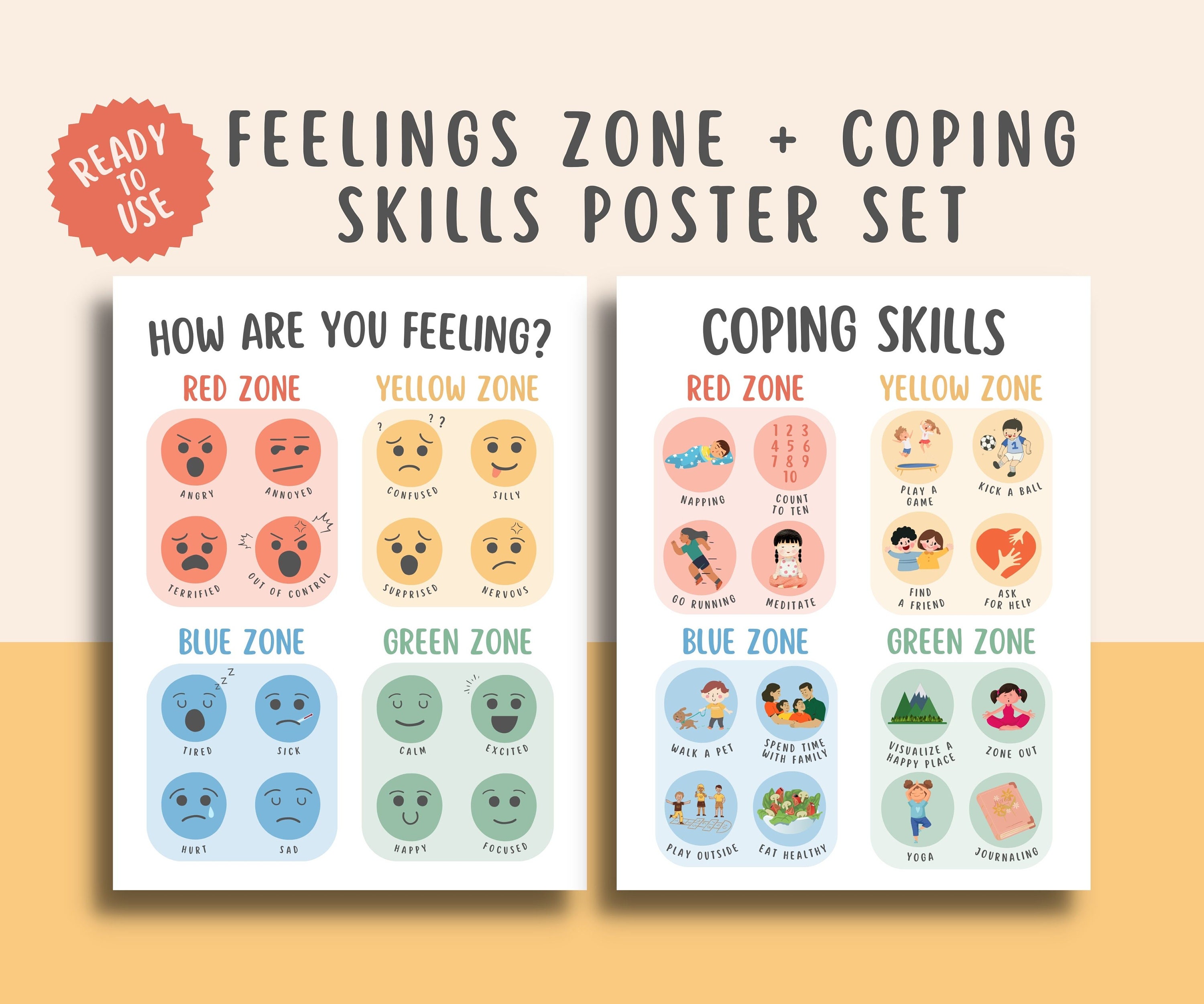 Feelings Zone With Coping Skills Set of 2 Posters for Kids, Emotions ...