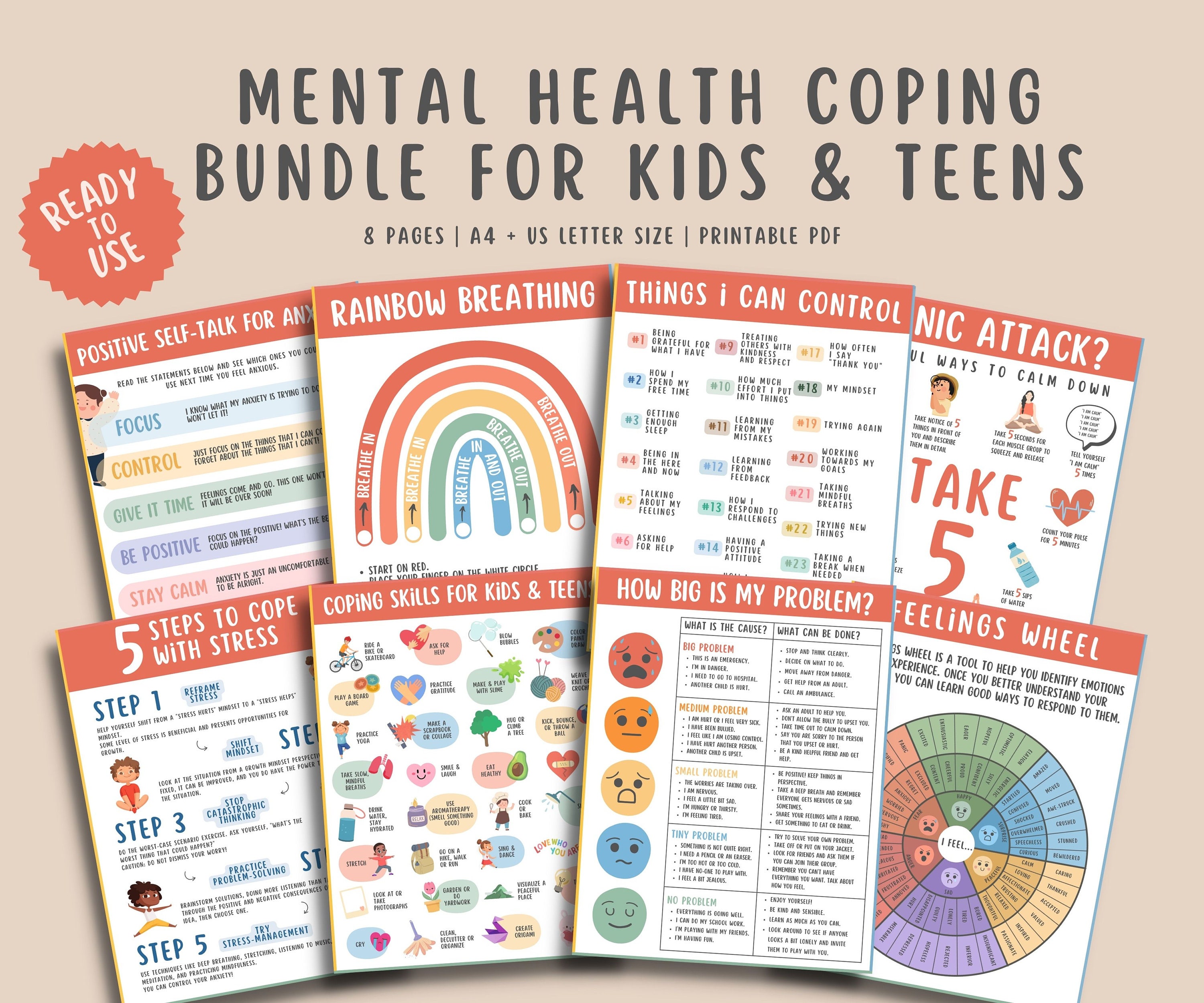 8 Mental Health Coping Skills Printable Bundle for Kids & Teens, Calm ...