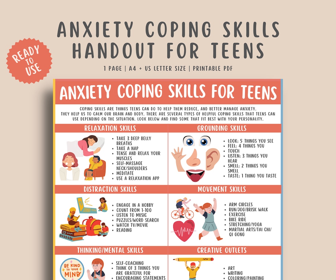 Anxiety Coping Skills Print for Teens, Stress Relief Mental Health Printable Children, Calming ...