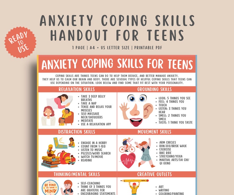Anxiety Coping Skills Print for Teens, Stress Relief Mental Health ...