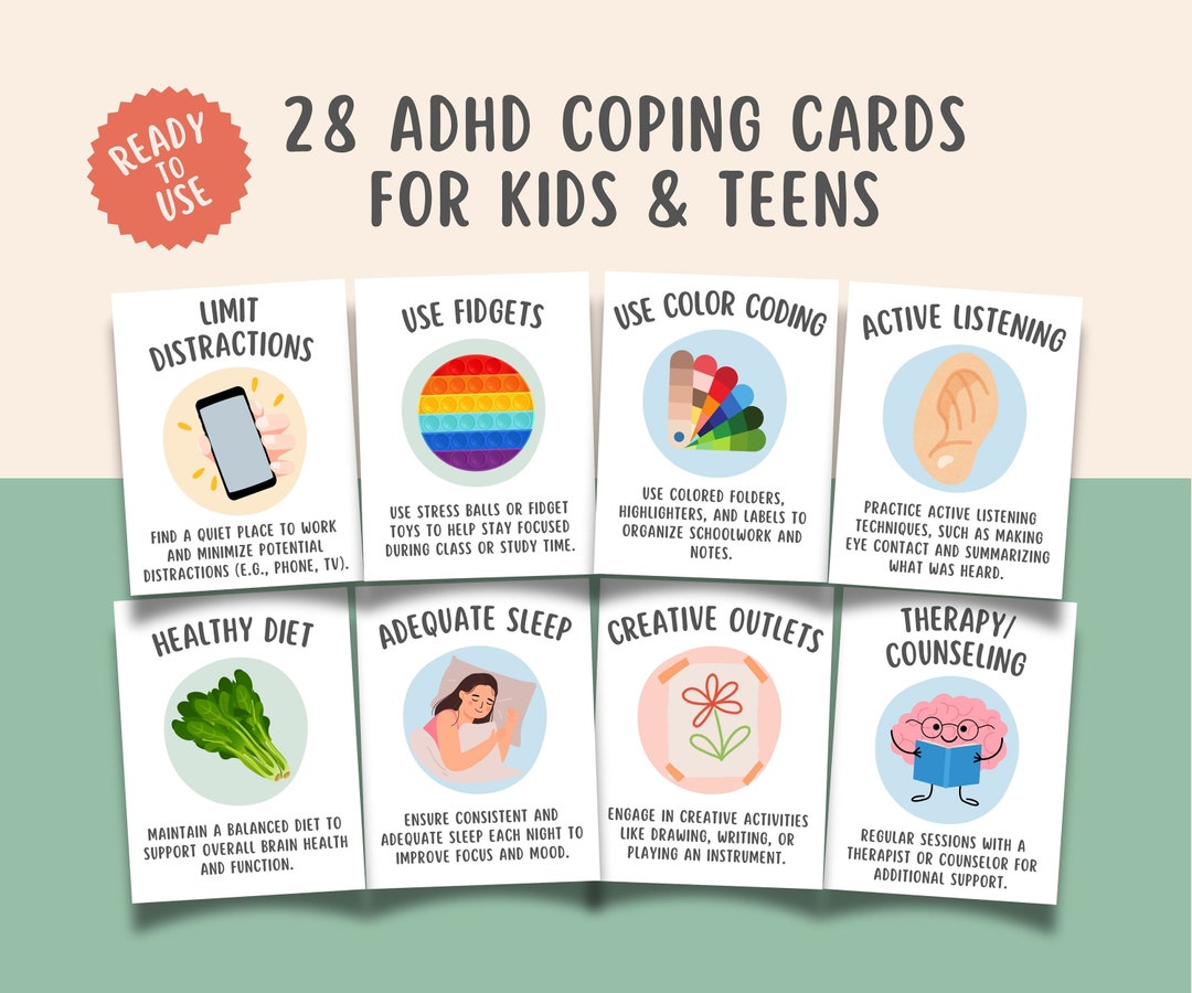 28 ADHD Coping Skills Flashcards for Kids and Teens, Attention Deficit ...