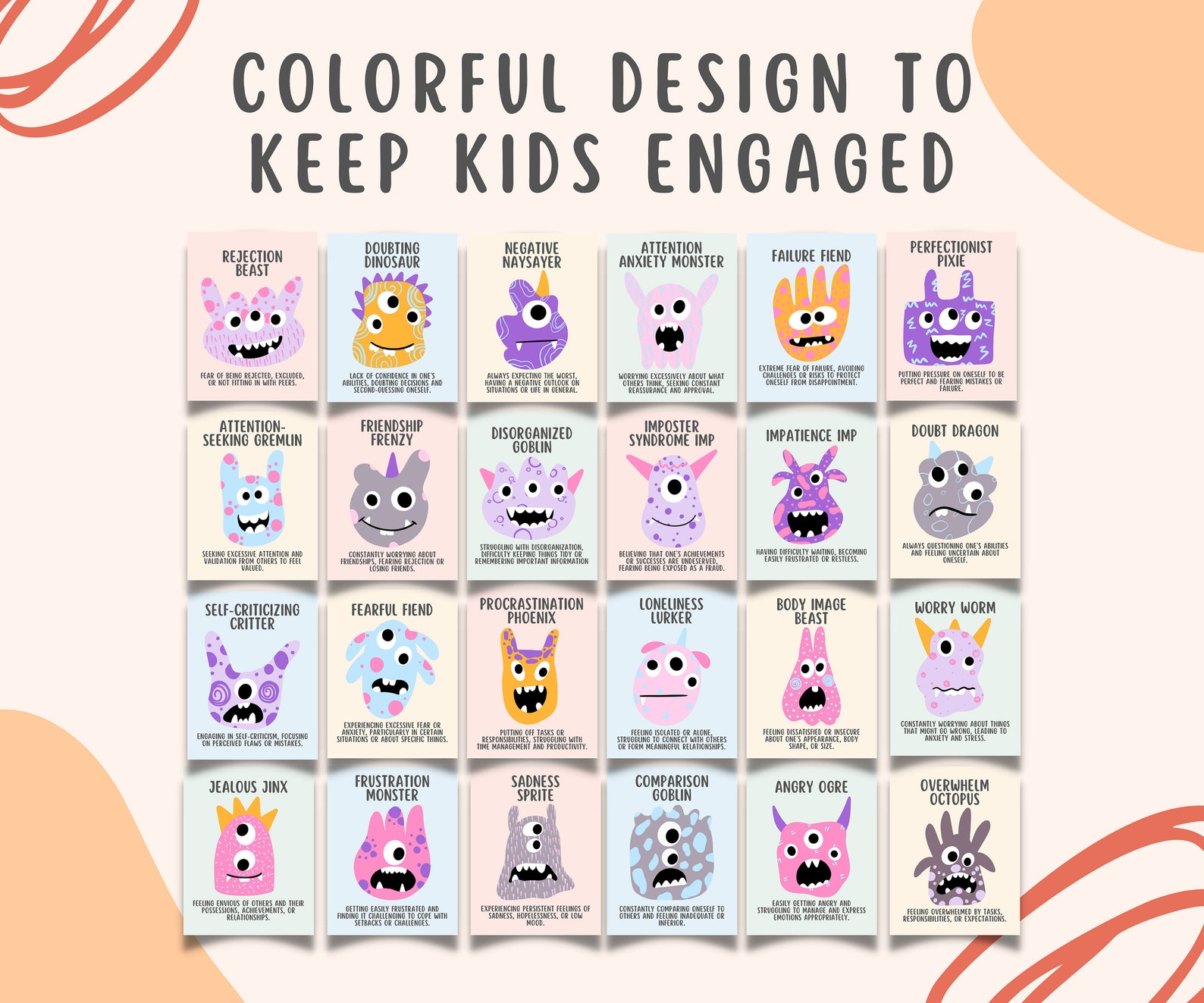 24 Thought Monster Cards for Kids Teens, Unhelpful Ways of Thinking ...